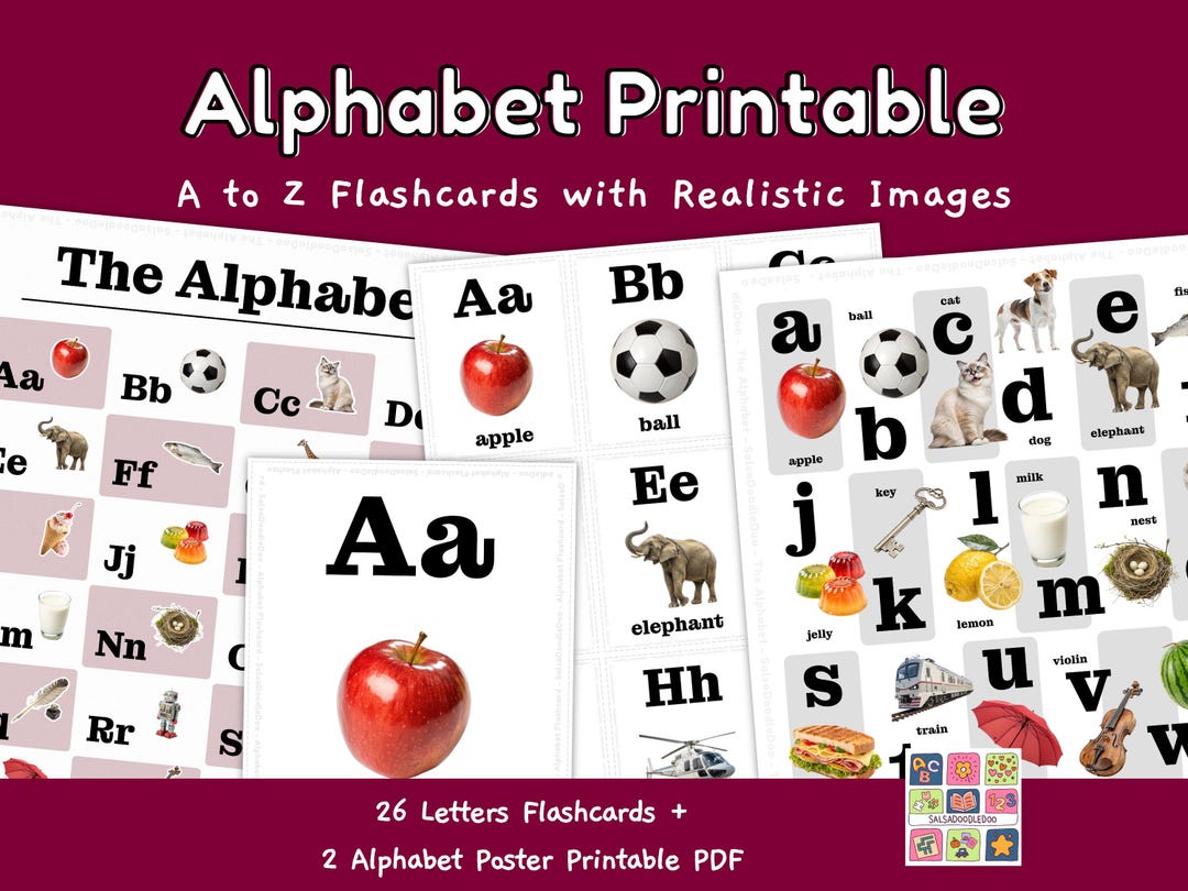 Alphabet Flashcards Printable Set: A to Z Realistic Images, 26 Letters ...