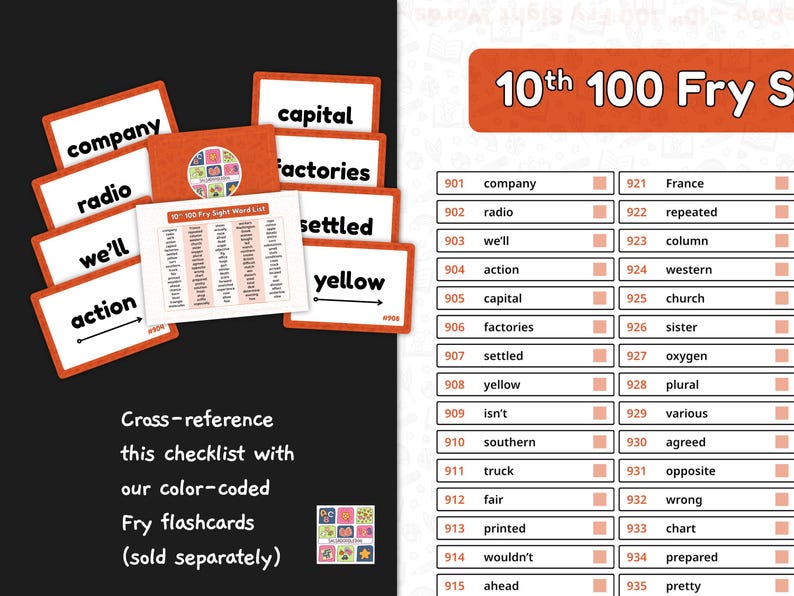 1000 Fry Sight Words Checklist Printable PDF - Color-coded List for ...