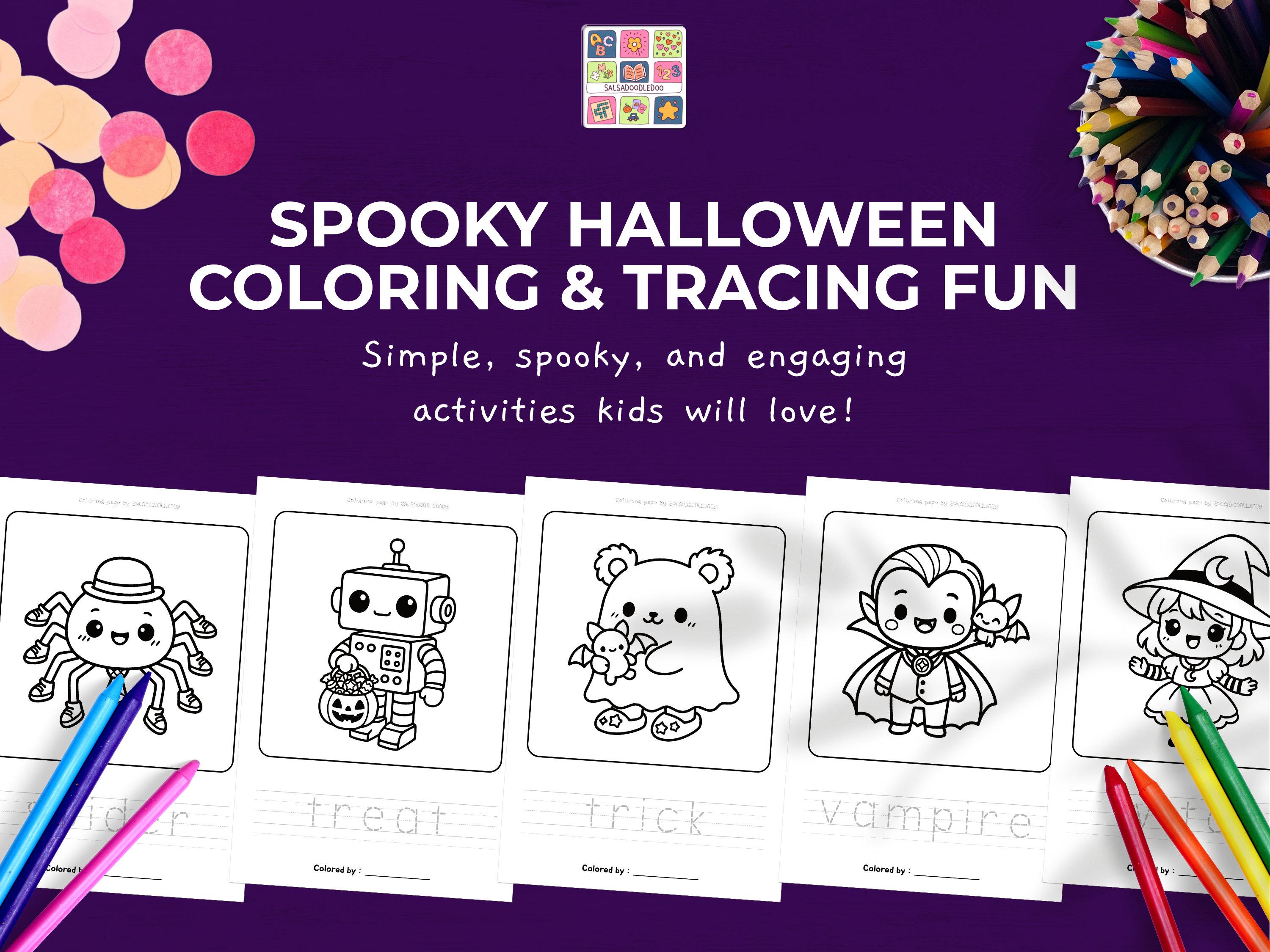 Cute Halloween Coloring Pages for Kids With Tracing Printable | Spooky ...