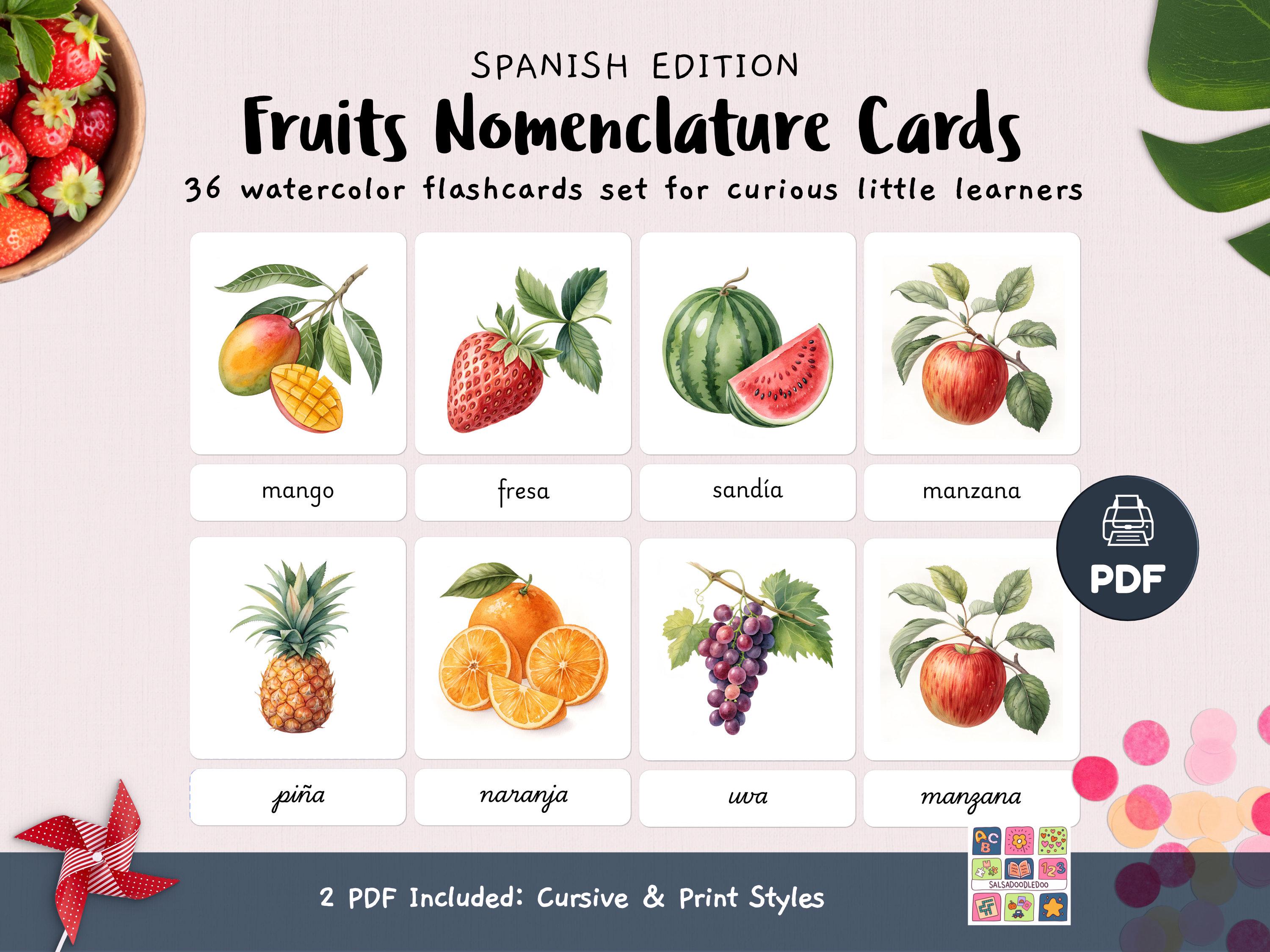 Montessori Fruits Nomenclature Flashcards Set in Spanish | Botanical ...
