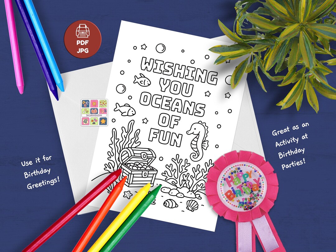 Kids Ocean Birthday Coloring Card Printable DIY Fold Greeting Card ...