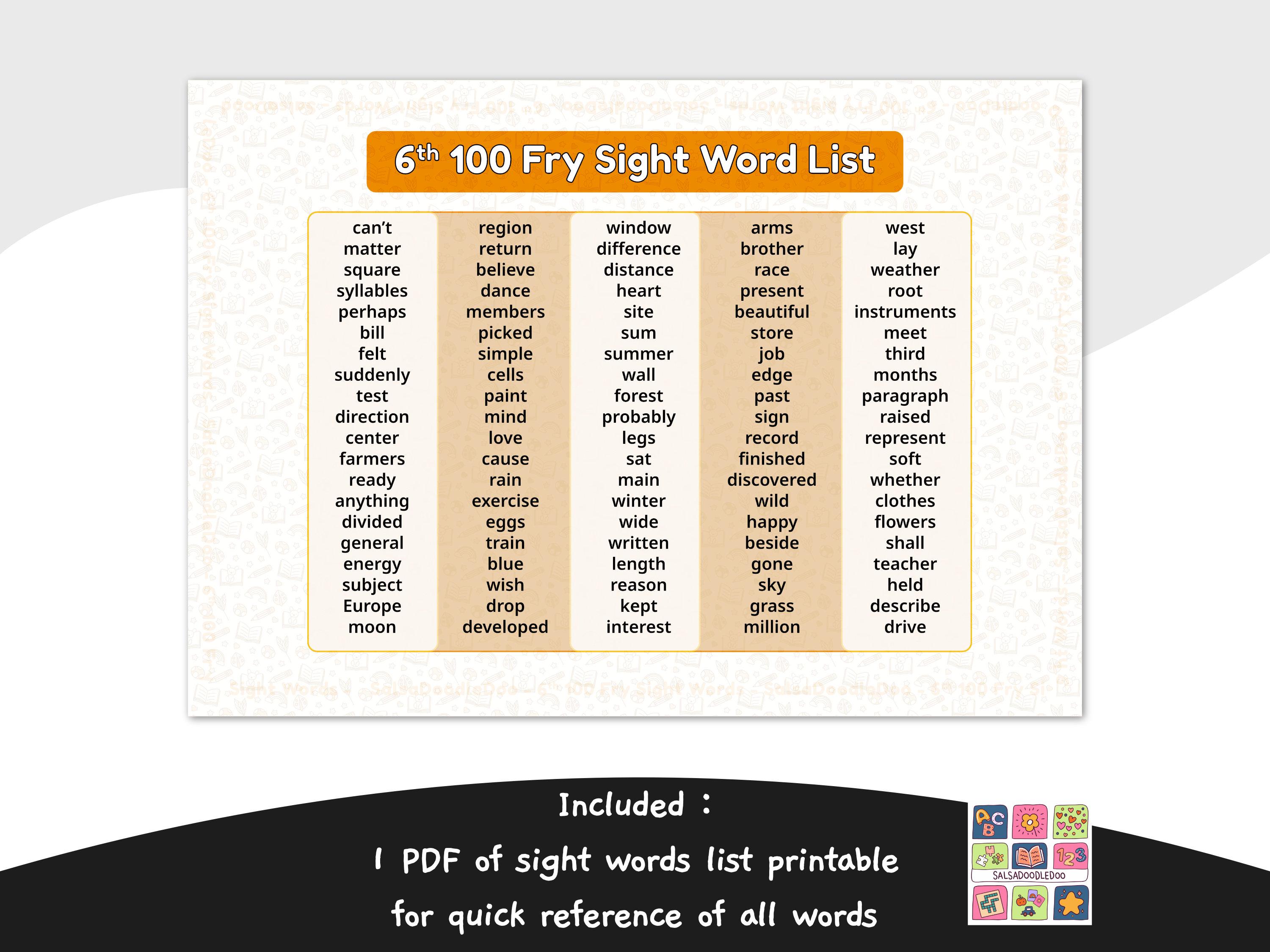 6th Hundred Fry Sight Words Flashcards, Numbered by Frequency, Full ...