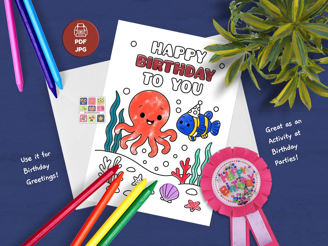 Kids Ocean Coloring Birthday Card Printable - Under the Sea Marine Life ...