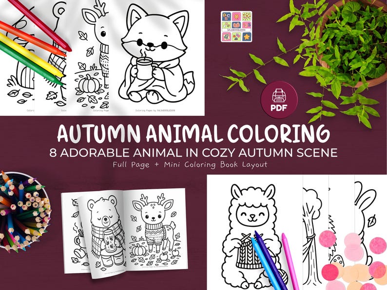 Autumn Animal Coloring Pages Printable Set: 8 Fall Cozy Scenes for Kids ...