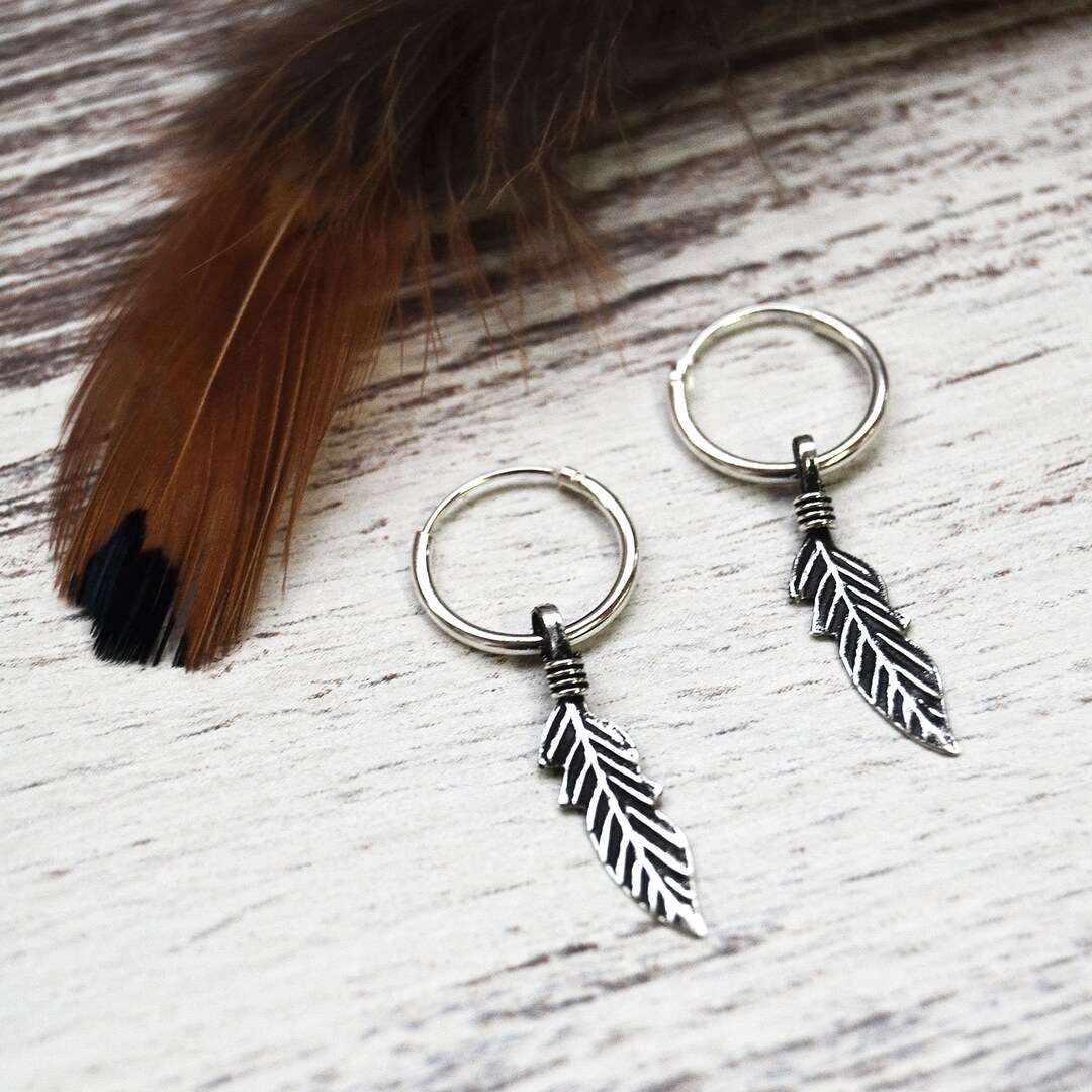 Hoops With Silver Feather, Feather Earrings, Boho Earrings, Silver ...