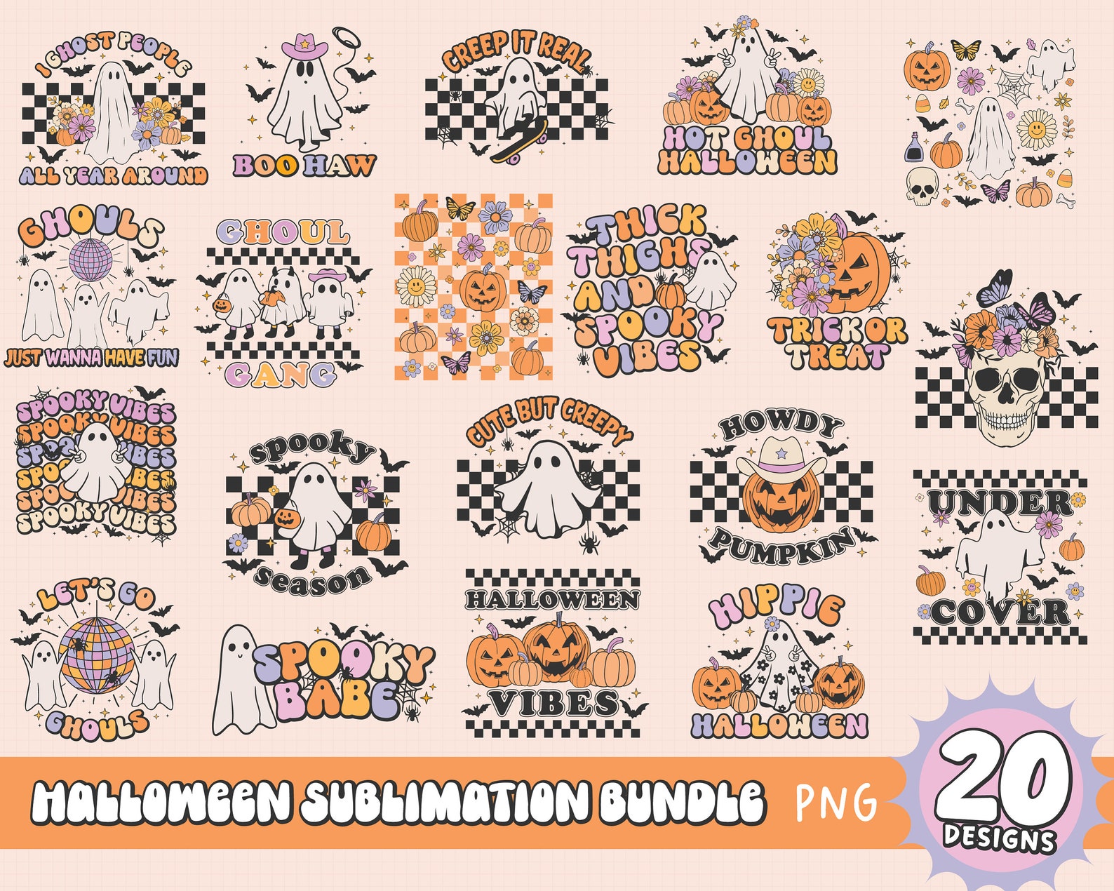 Retro Halloween PNG, Retro Fall Sublimation Bundle, Groovy Halloween ...