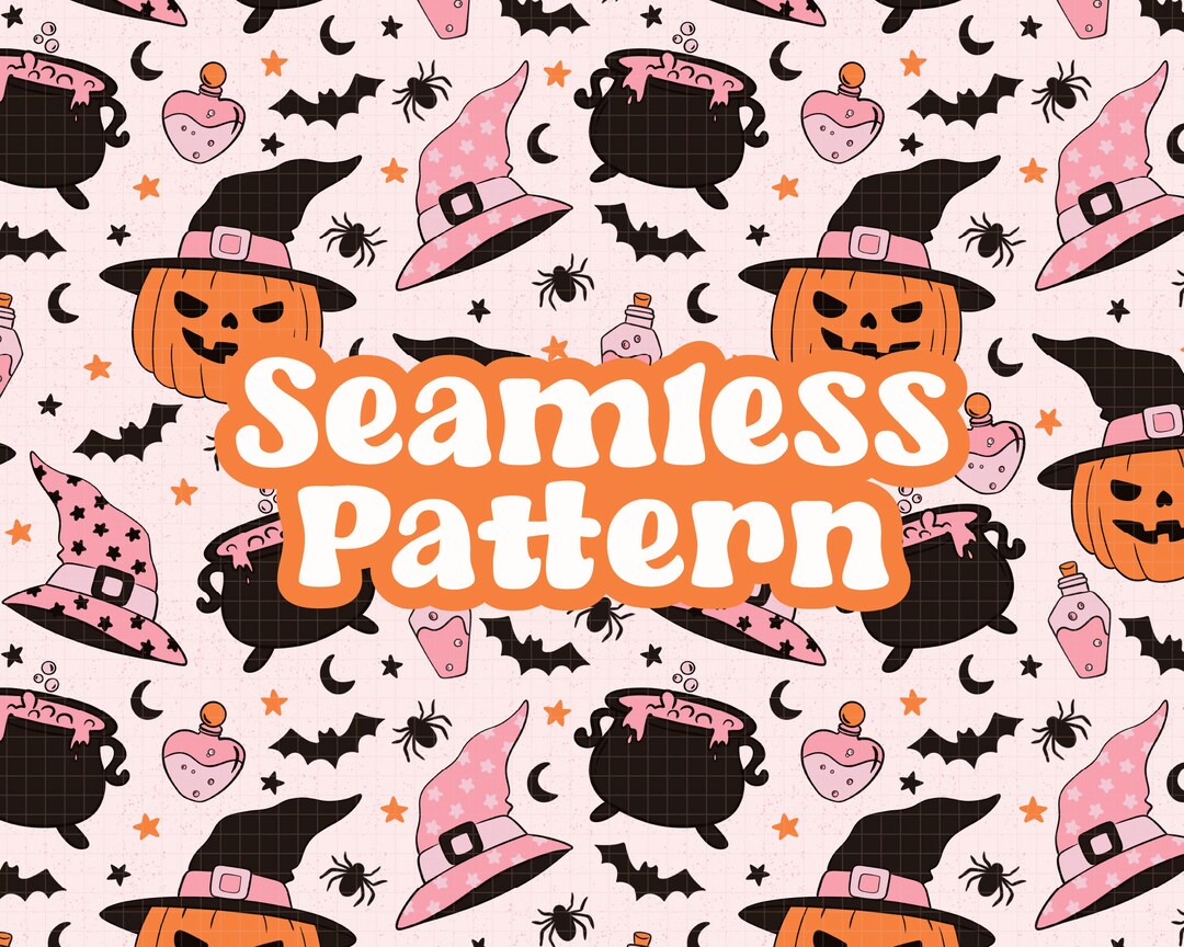 Witchy Seamless Pattern Png, Hot Pink Orange Halloween Witch Pattern ...