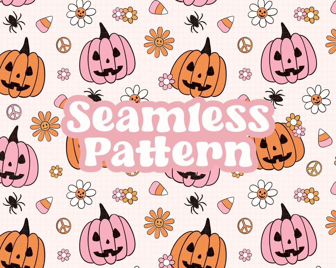 Retro Floral Jack O Lantern Seamless Pattern, Pink Groovy Pumpkin Png ...