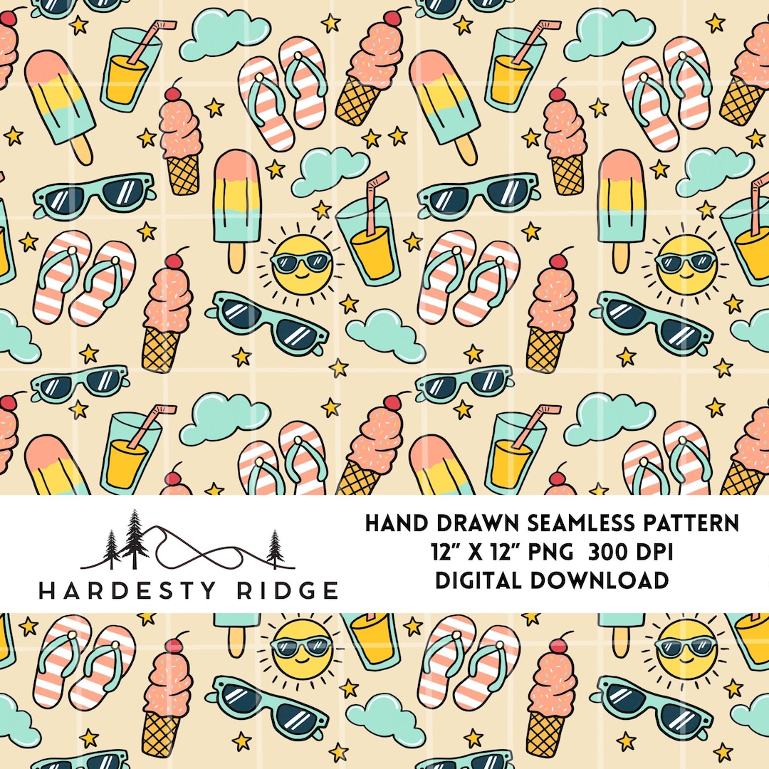 Summer Seamless Pattern PNG, Hand Drawn Beach Clipart, 12x12 Digital ...