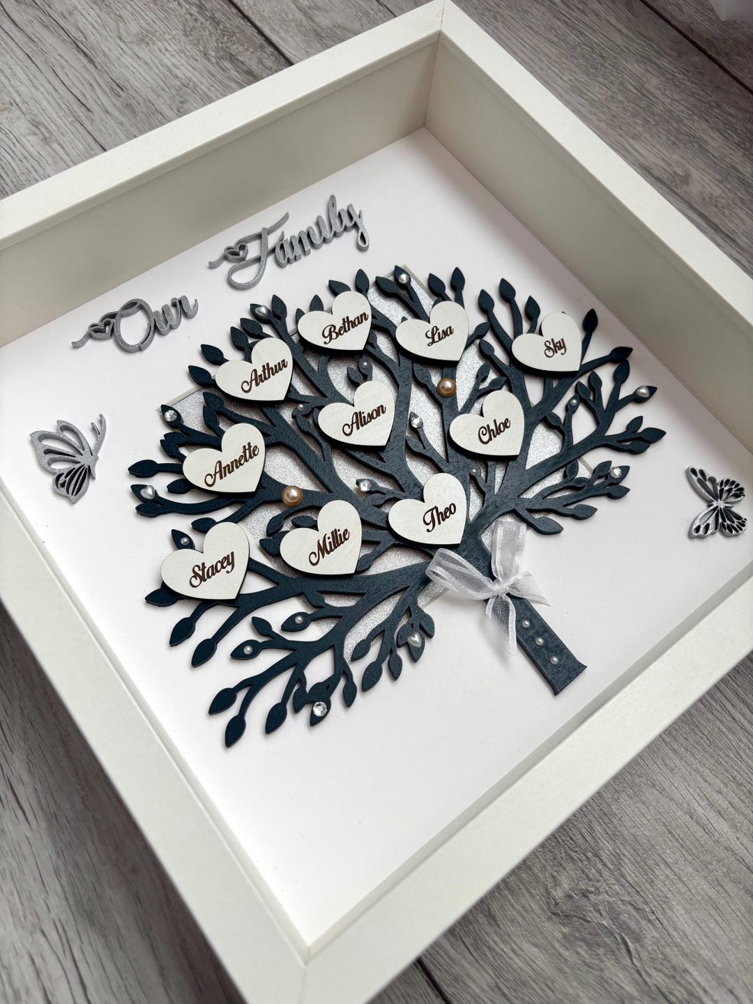 Personalised Family Tree,3d Box Frame, Family Tree Gift, Dark Navy Tree ...