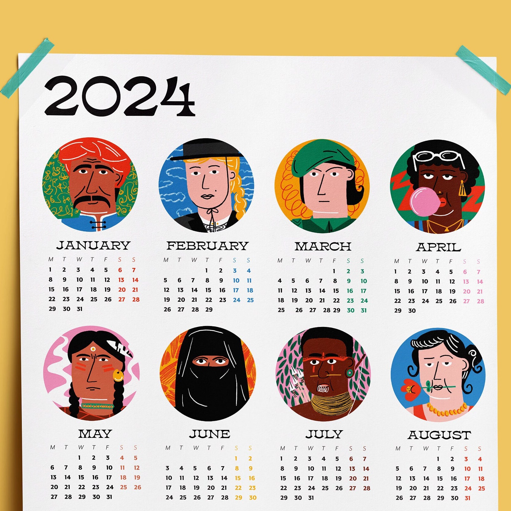 People 2024 Printable Calendar, 2024 Year Calendar, A3 Calendar, Artist ...