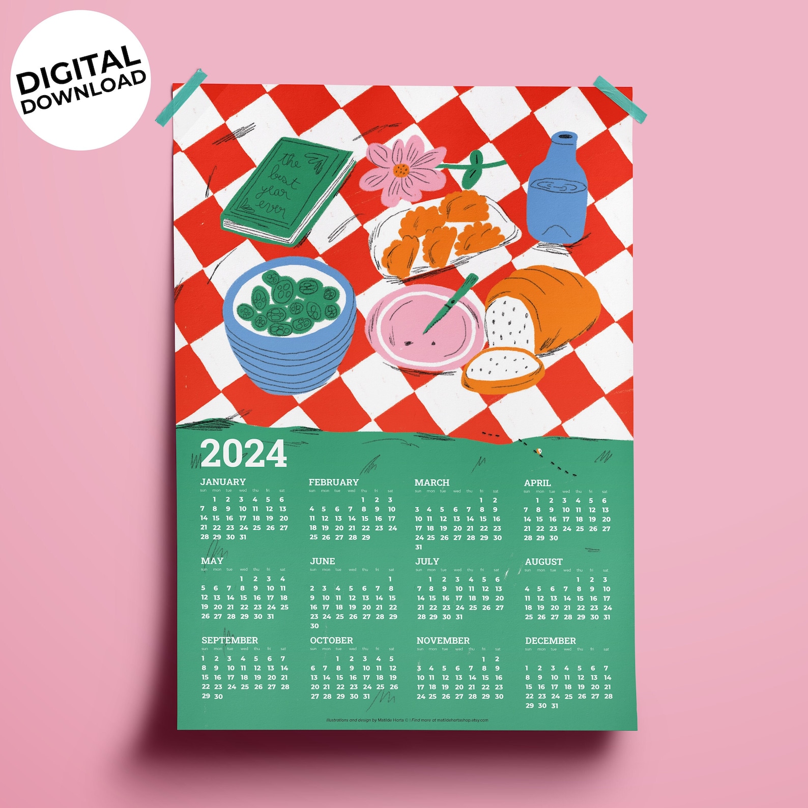 Fun Picnic 2024 Printable Calendar, 2024 Year Calendar, A3 Calendar ...