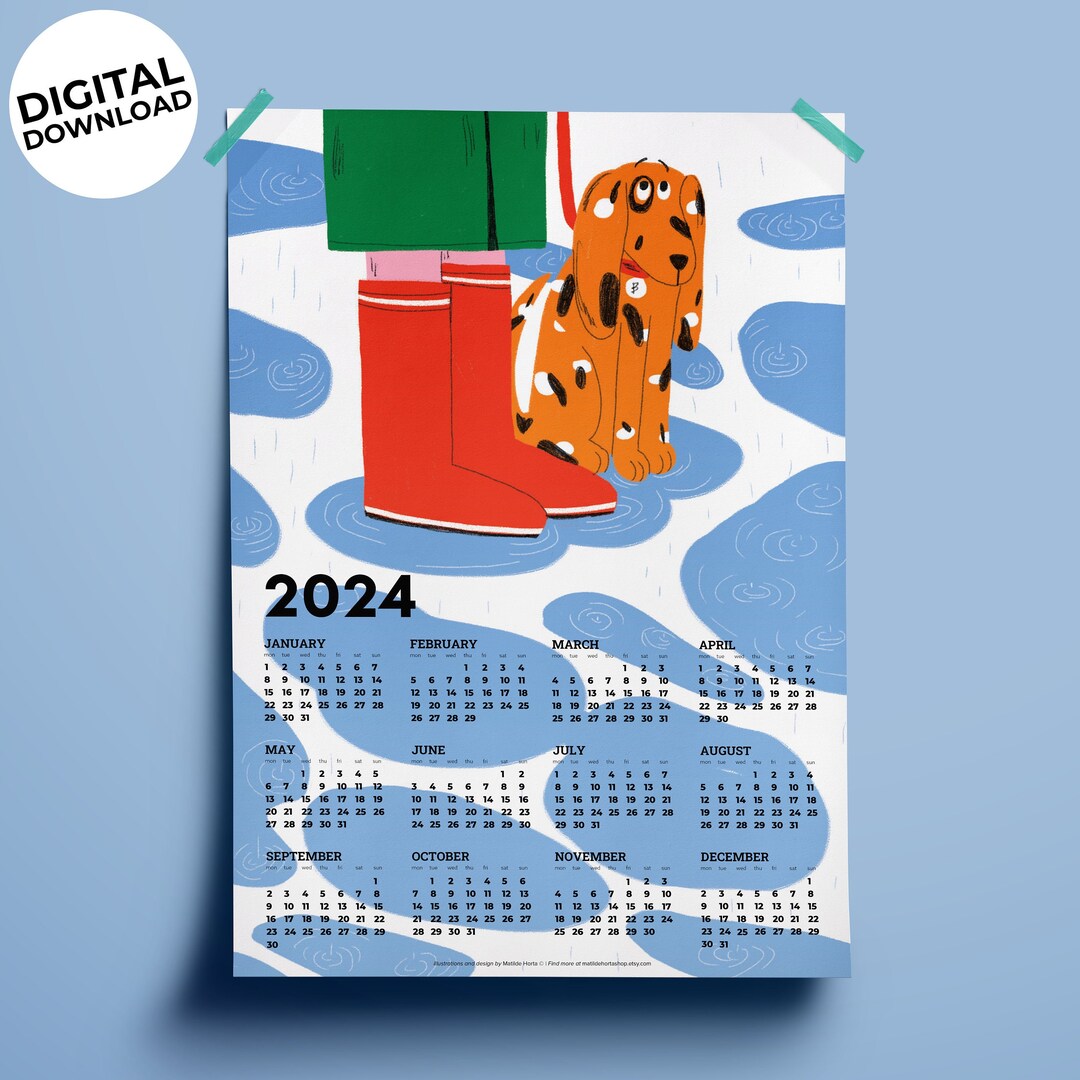 Dog Printable Calendar, 2024 Year Calendar, A3 Calendar, Whole Year ...
