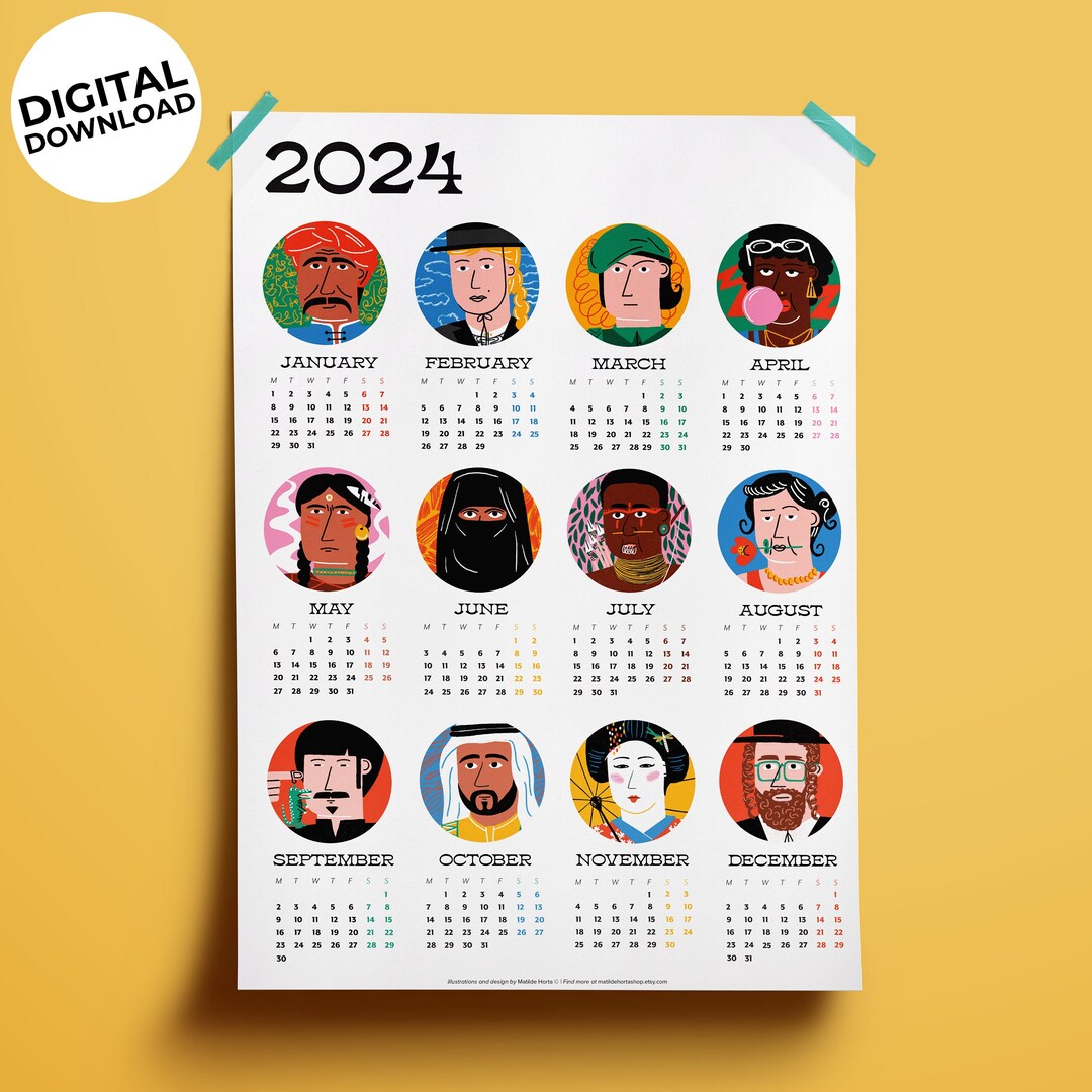 People 2024 Printable Calendar, 2024 Year Calendar, A3 Calendar, Artist ...