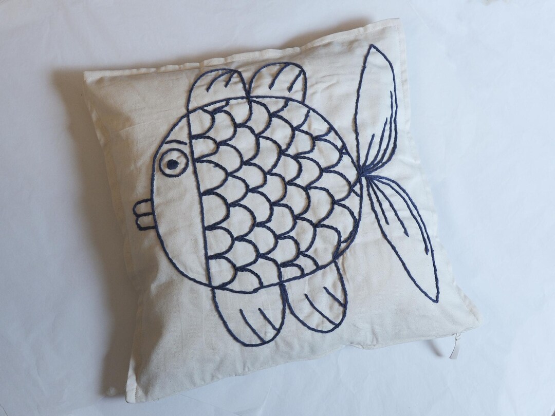 Hand Embroidered Fish Pillow Cover – Blue Cotton, 50x50cm - Etsy
