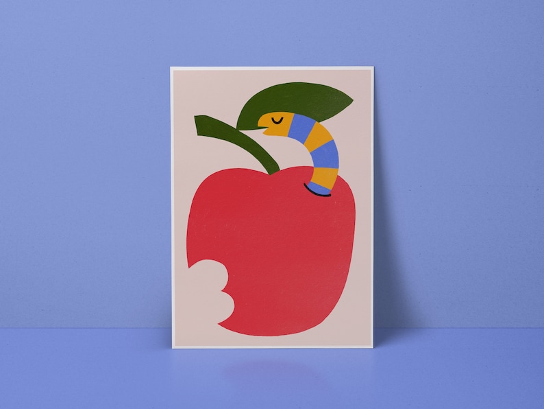 Worm Apple Illustration, Animal Print, Kids Room Decor, Playroom Decor ...