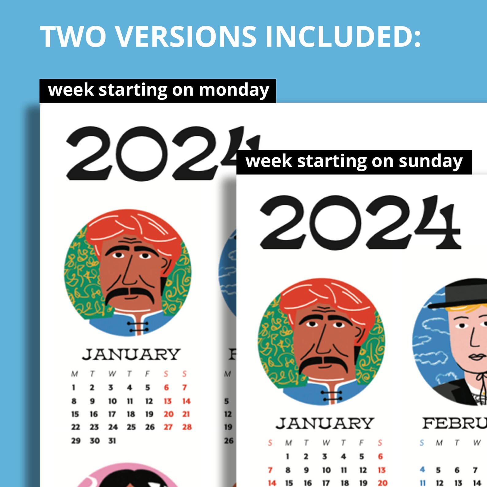 People 2024 Printable Calendar, 2024 Year Calendar, A3 Calendar, Artist ...