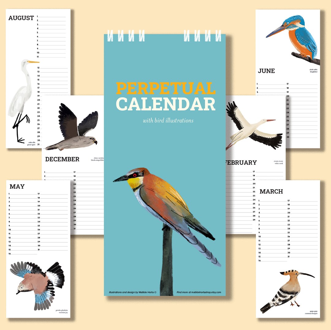 Perpetual Birthday Calendar, Printable Perpetual Calendar, Birds ...