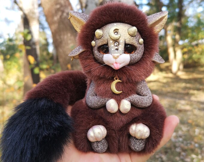 Fluffy MOON CAT Brown Kawaii Animal OOAK Plush Unique Art Doll Mythical ...