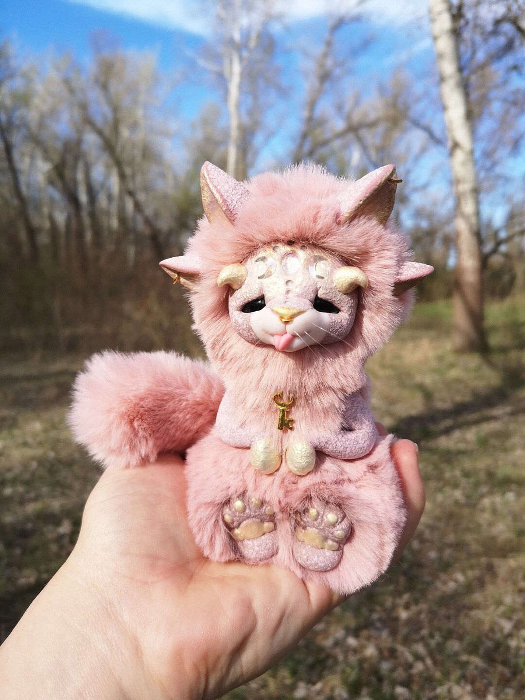 Pink Moon Cat Fantasy Animal Ooak Art Doll Soft Sculpture Alien Pastel ...