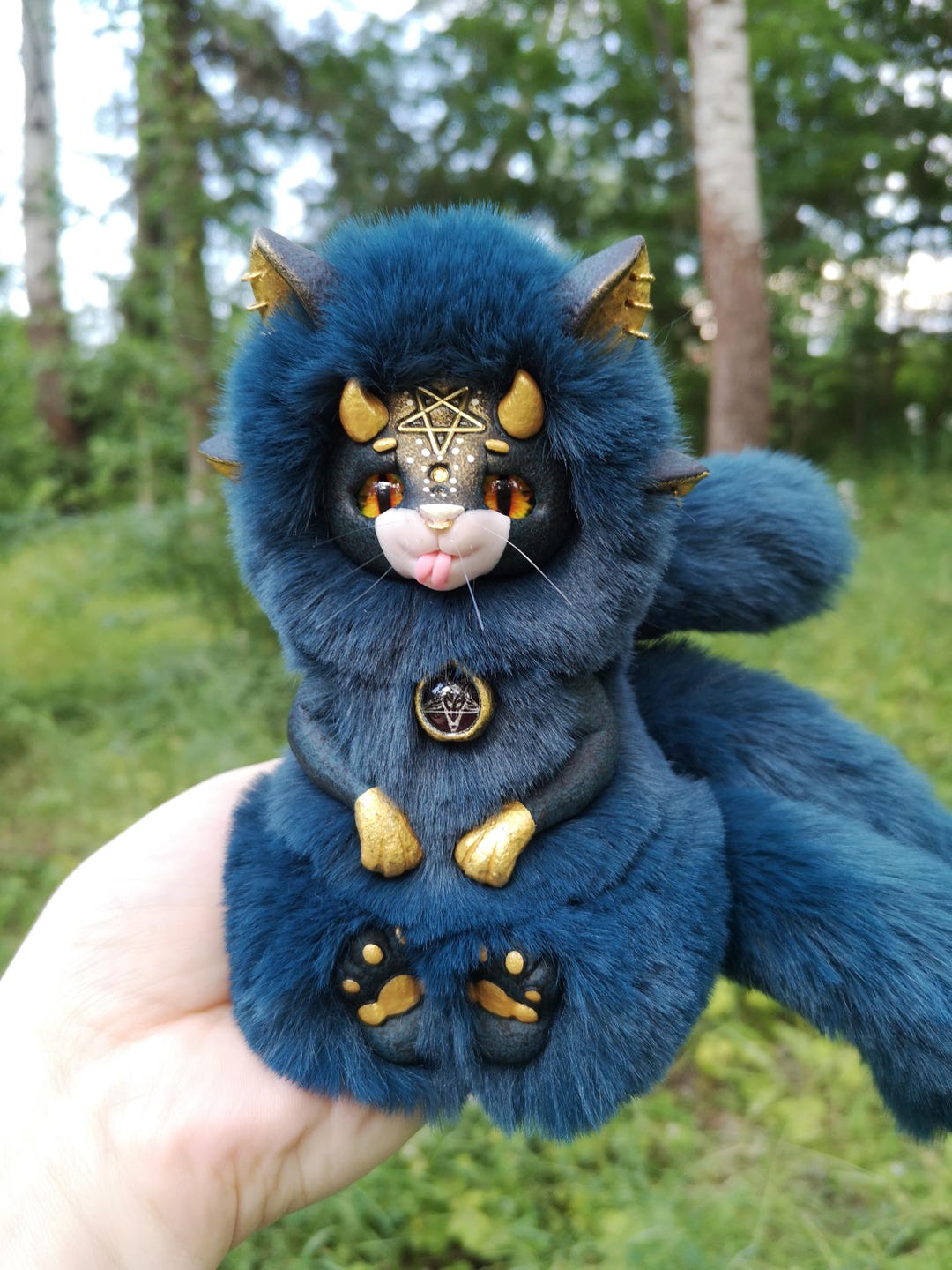 Baphomet Cat Art Doll: Three-tailed Gothic Plush, Turquoise Fantasy ...