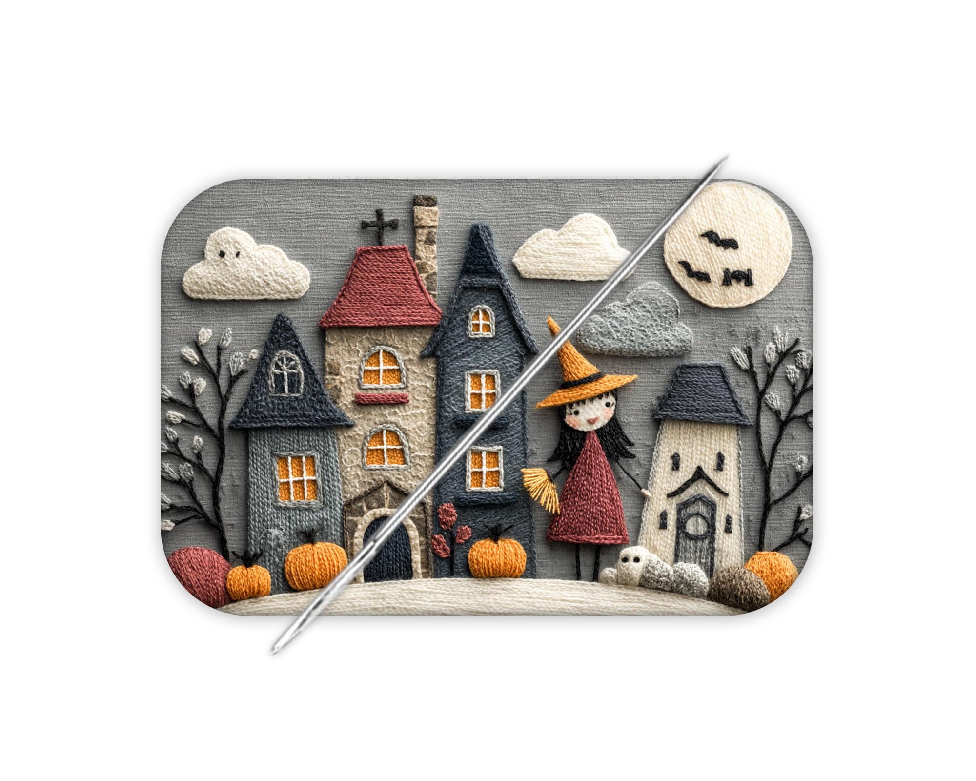 Large Halloween Needle Minder, Embroidered Witch Village Cover Minder ...