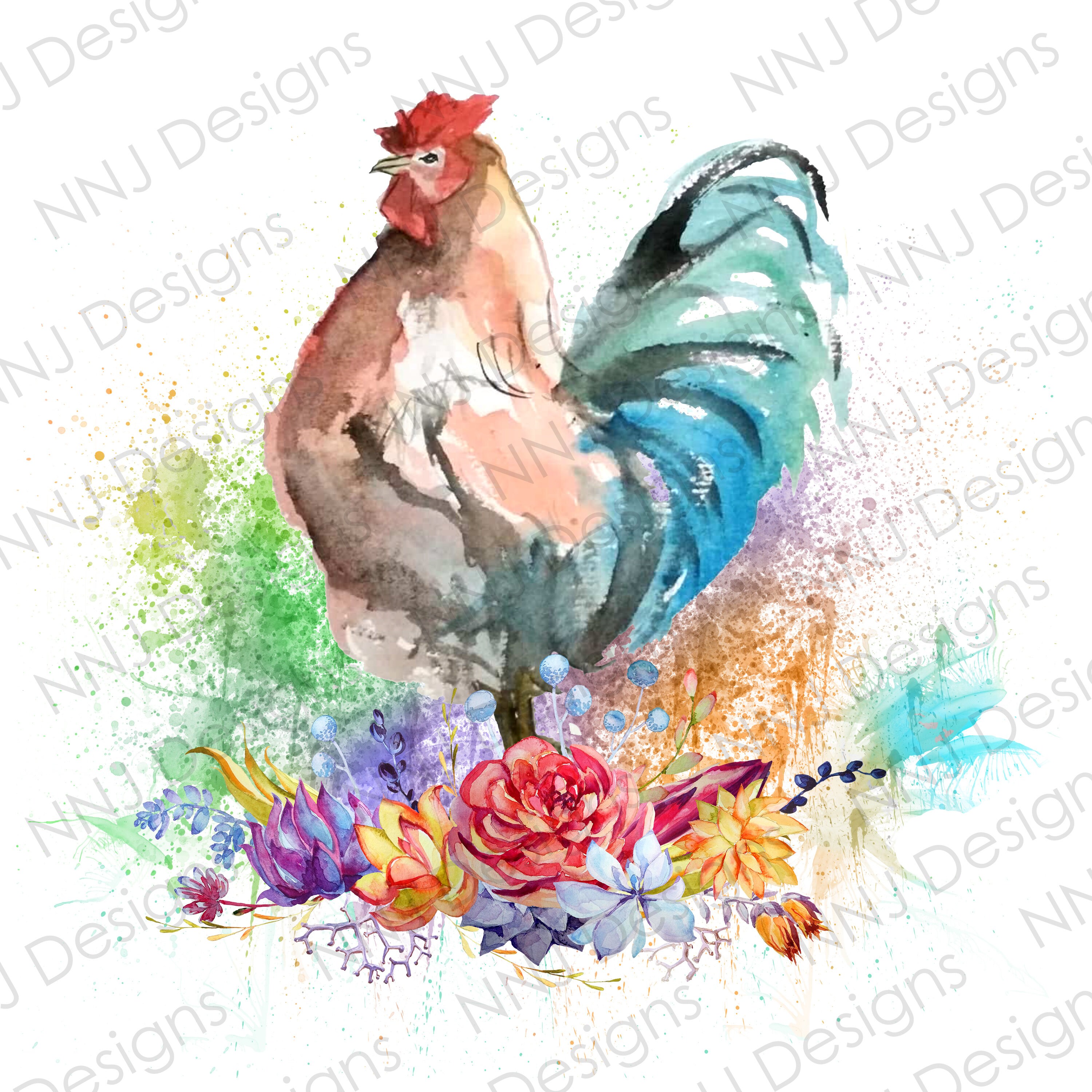 Watercolor Rooster With Flowers PNG: Sublimation Design (digital ...
