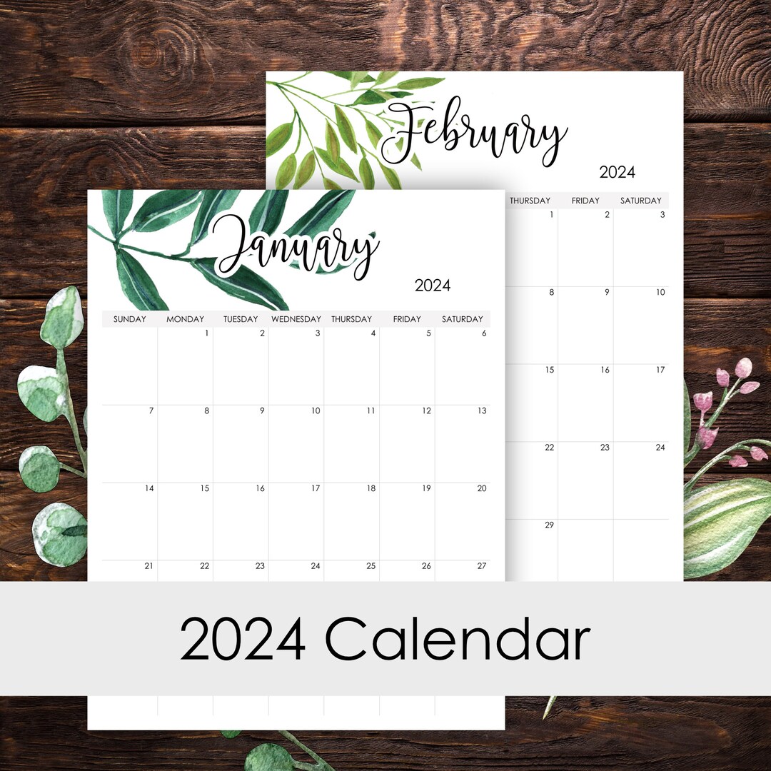 2024 Calendar Printable 12 Months Vertical Layout Watercolor Botanical ...