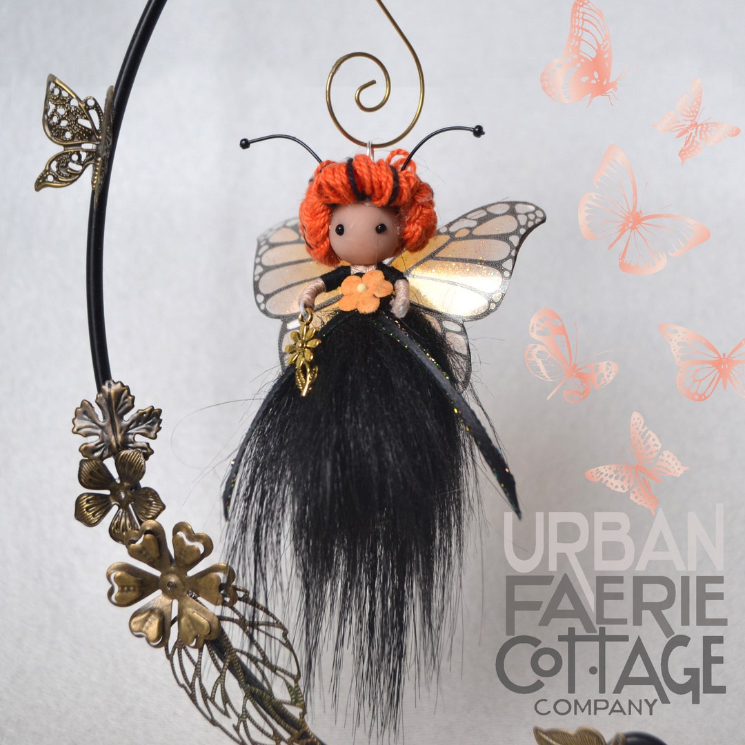 Monarch Butterfly Fairy Doll, Mini Black Fuzzy Flower Fairy, Handmade ...