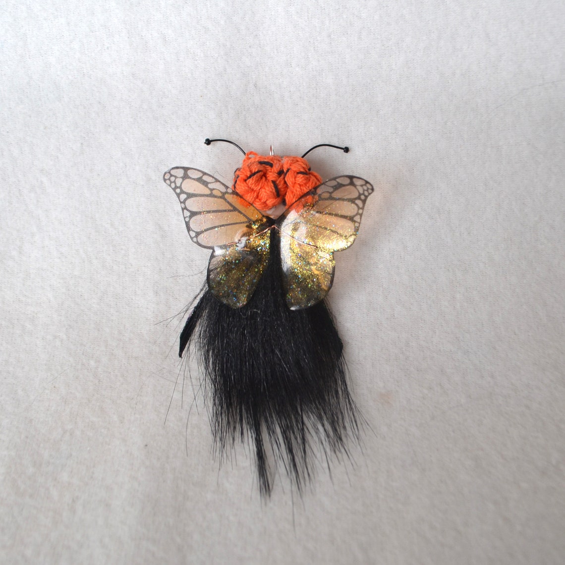 Monarch Butterfly Fairy Doll, Mini Black Fuzzy Flower Fairy, Handmade ...