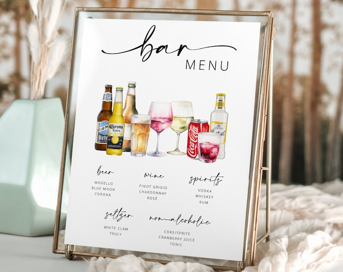 Bar Menu Sign, Printable French Roses Wedding Sign Template With Dusty ...