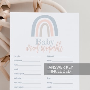 Baby Word Scramble Game, Rainbow Baby Shower Games Printable, Boho Blue ...