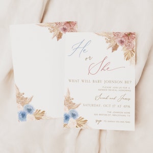 Boho Gender Reveal Invitation Template, He or She Gender Reveal Invite ...