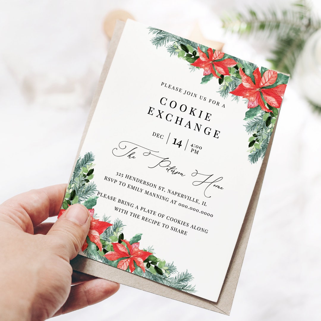 Cookie Exchange Invitation Template, Winter Poinsettia, Christmas ...
