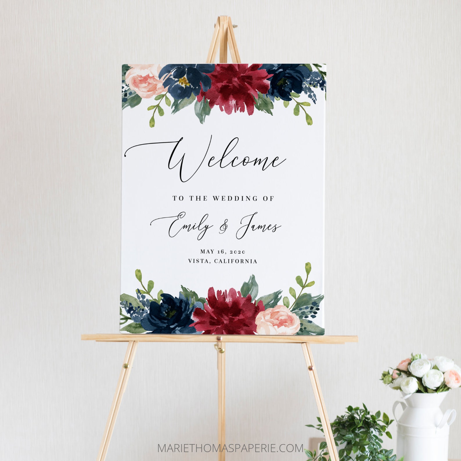 Mara Wedding Welcome Sign, Welcome to Our Wedding Sign, Burgundy & Navy ...
