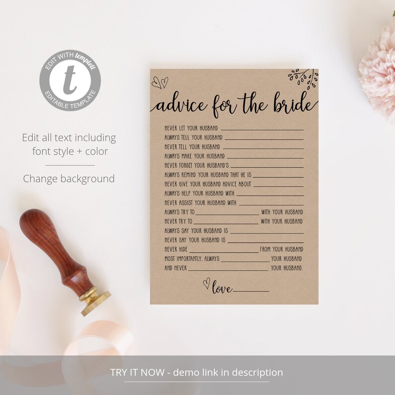 Savanah - Advice for the Bride, Bridal Shower Games Printable, Rustic ...