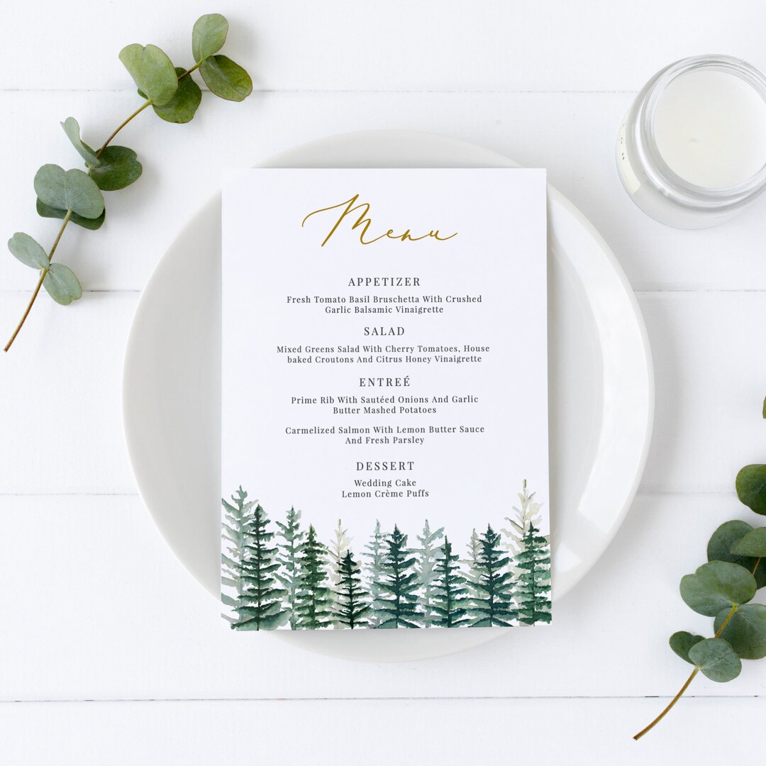Woodland Pine Menu Template, Greenery Wedding Menu Card, Winter Menu ...