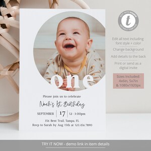 Editable 1st Birthday Photo Invitation, Minimal First Birthday Invite ...