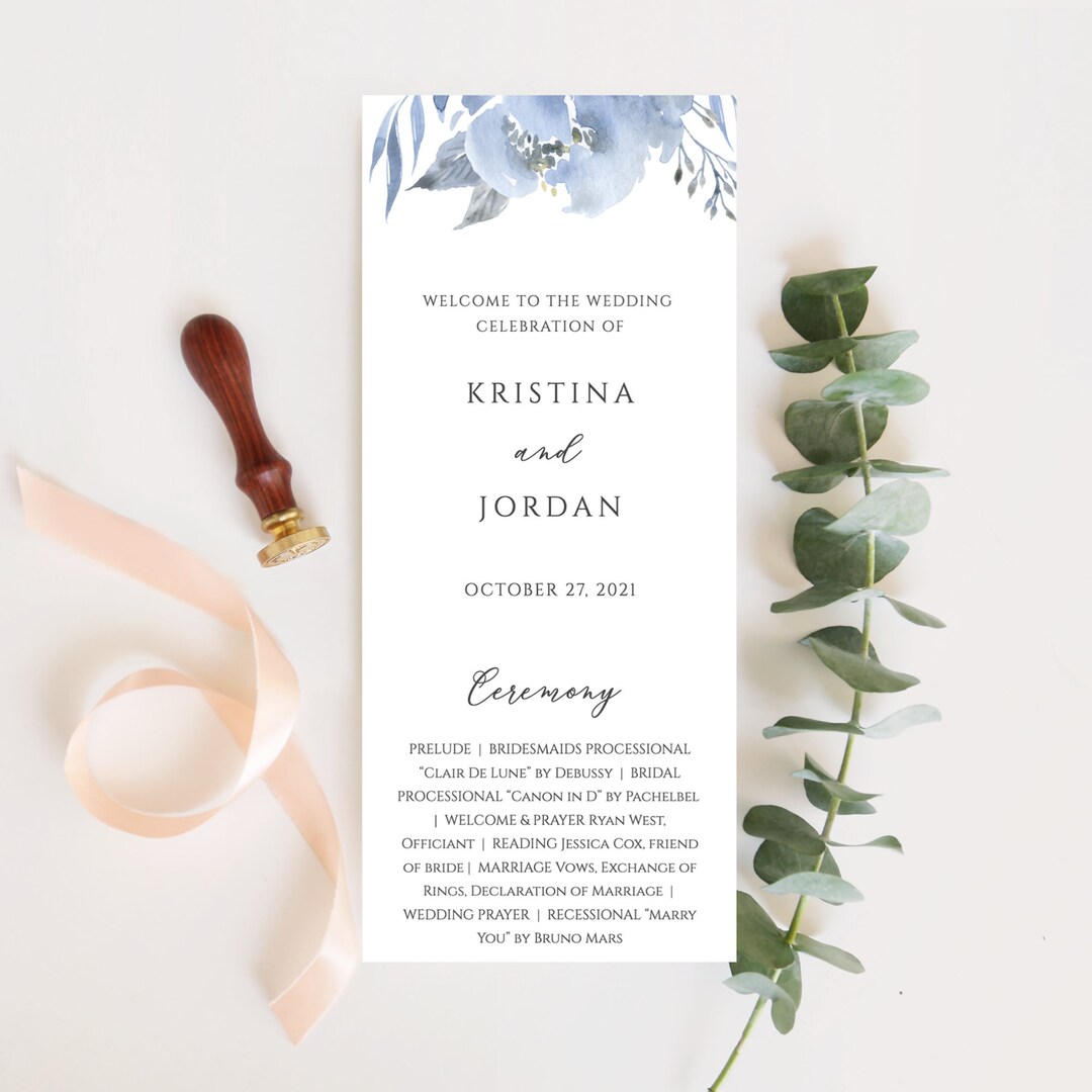 Wedding Program Template, Elegant Wedding Ceremony Program, Dusty Blue & Gray, Flat Wedding ...