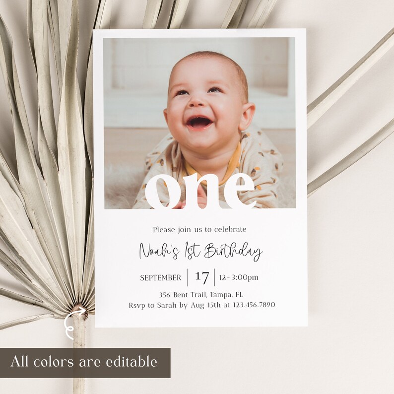Editable 1st Birthday Photo Invitation, Minimal First Birthday Invite ...