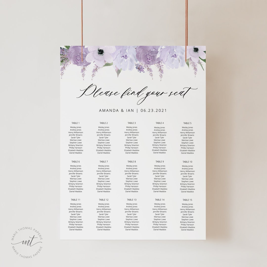 Lavender Floral Seating Chart Template, Vertical Elegant Seating Chart ...