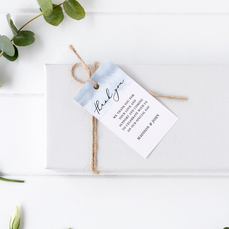 Cece - Watercolor Wedding Favor Tag Template, Dusty Blue Wedding Thank ...