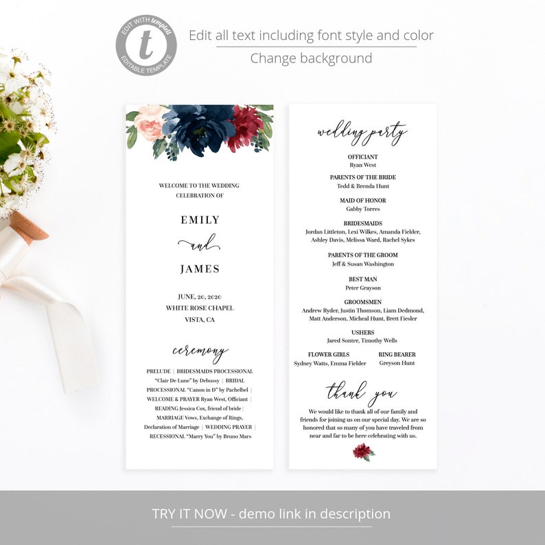 Mara Wedding Program Template Wedding Ceremony Program - Etsy