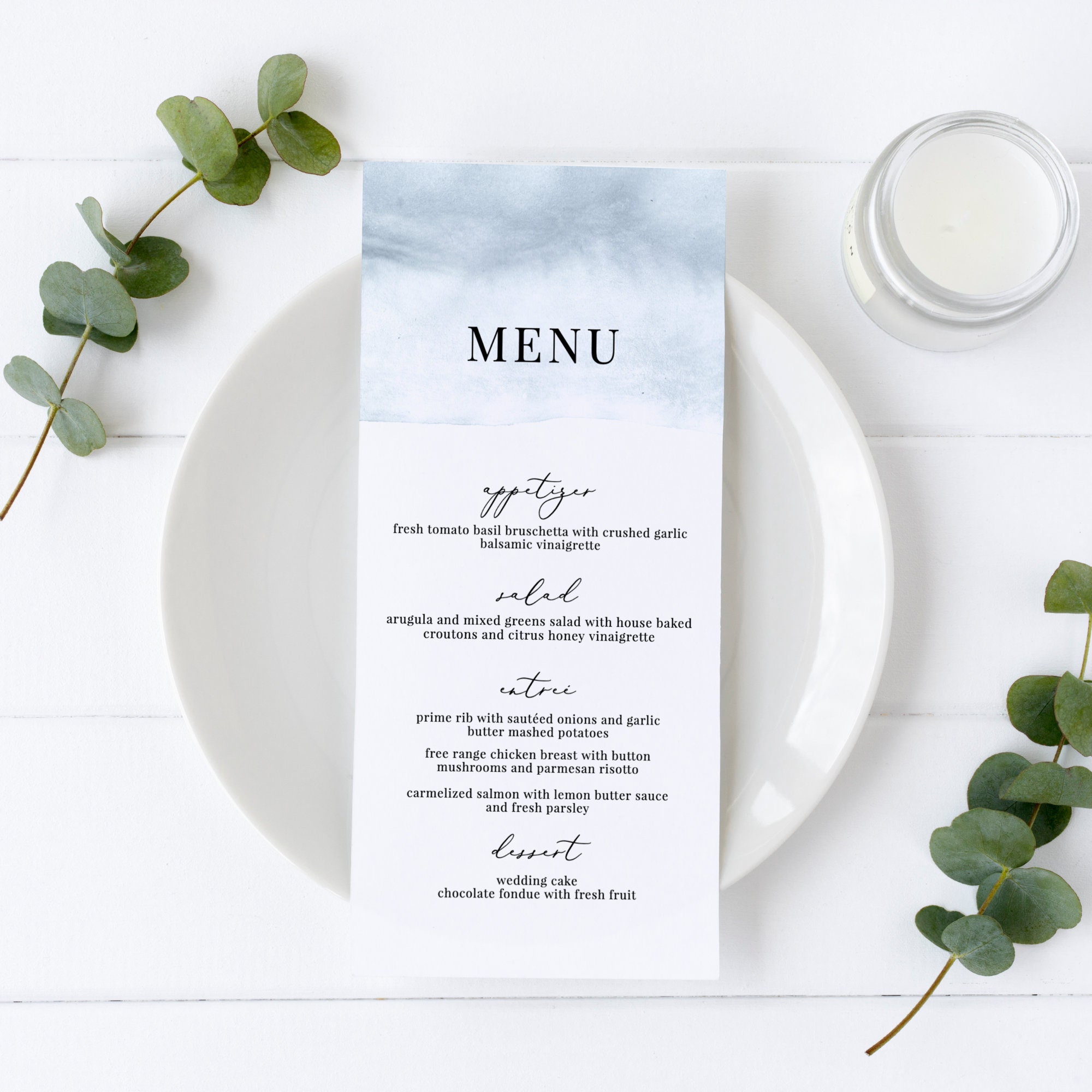 Cece - Watercolor Wedding Menu Template, Soft Dusty Blue Wedding Menu ...