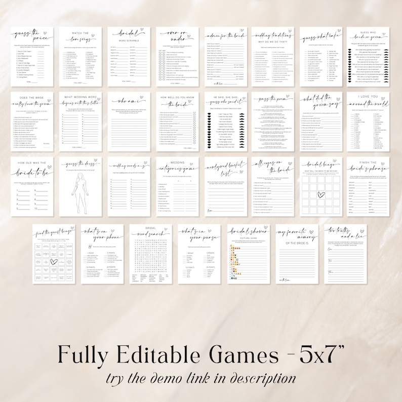 Bridal Shower Game Bundle, Minimalist Bridal Shower Games, Modern ...