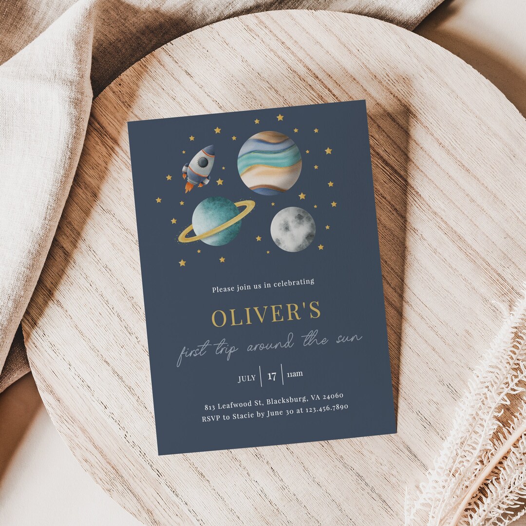 Editable Outer Space First Birthday Invitation, First Trip Around the ...
