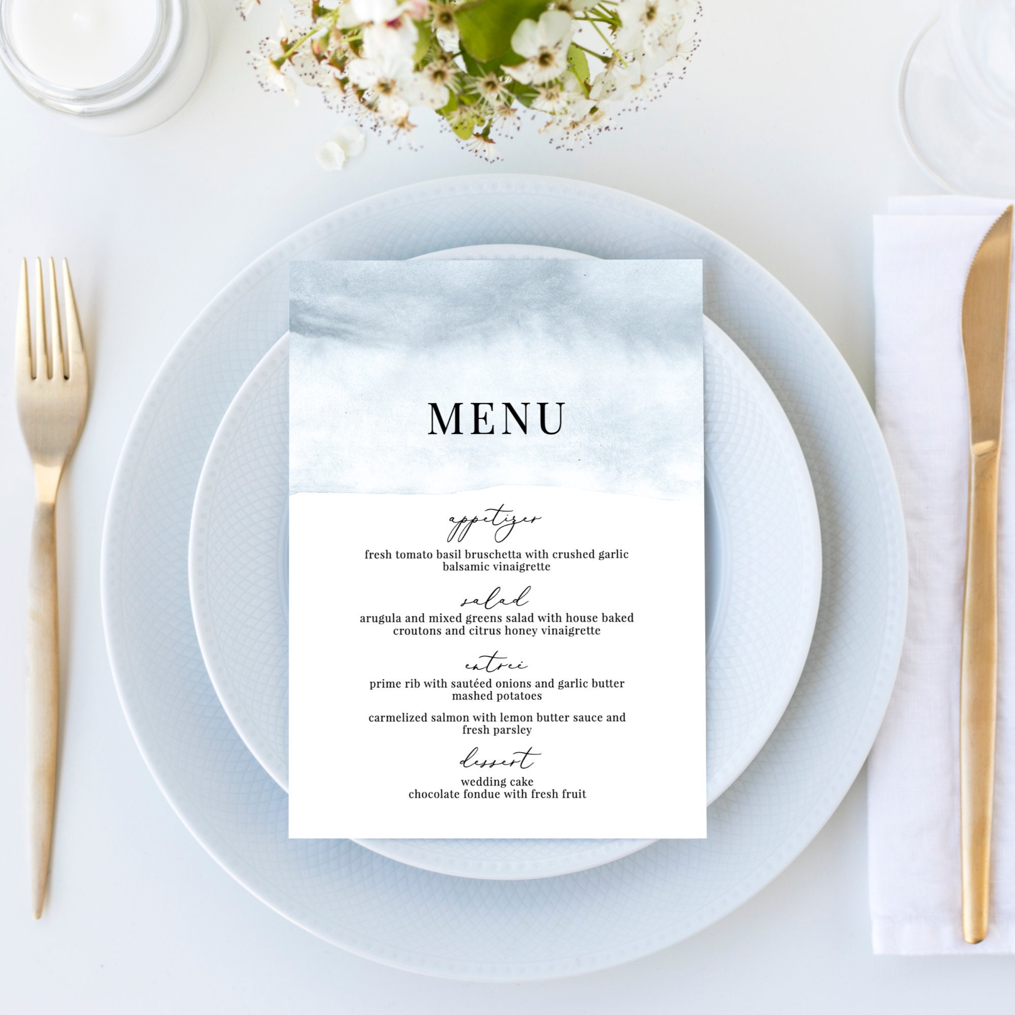 Cece - Watercolor Wedding Menu Template, Soft Dusty Blue Wedding Menu ...