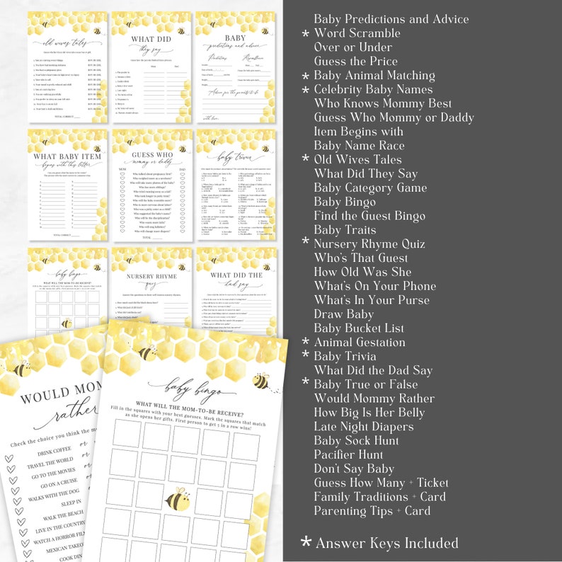 Editable Bee Baby Shower Game Bundle, Honey Bee Baby Shower Games ...