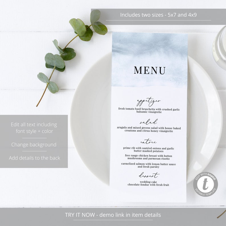 Cece Watercolor Wedding Menu Template Soft Dusty Blue - Etsy