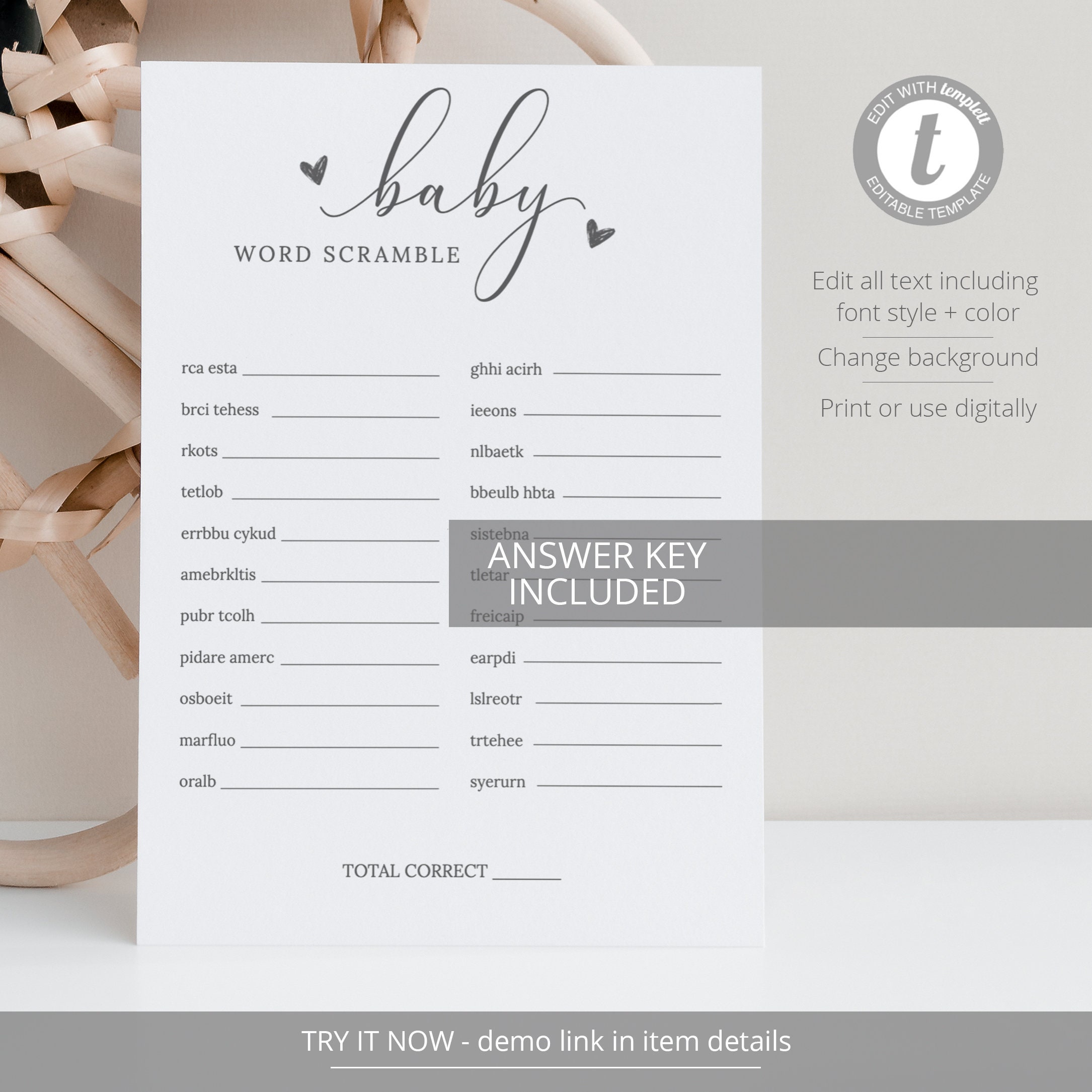 Baby Shower Word Scramble With Answer Key, Baby Shower Games Printable ...